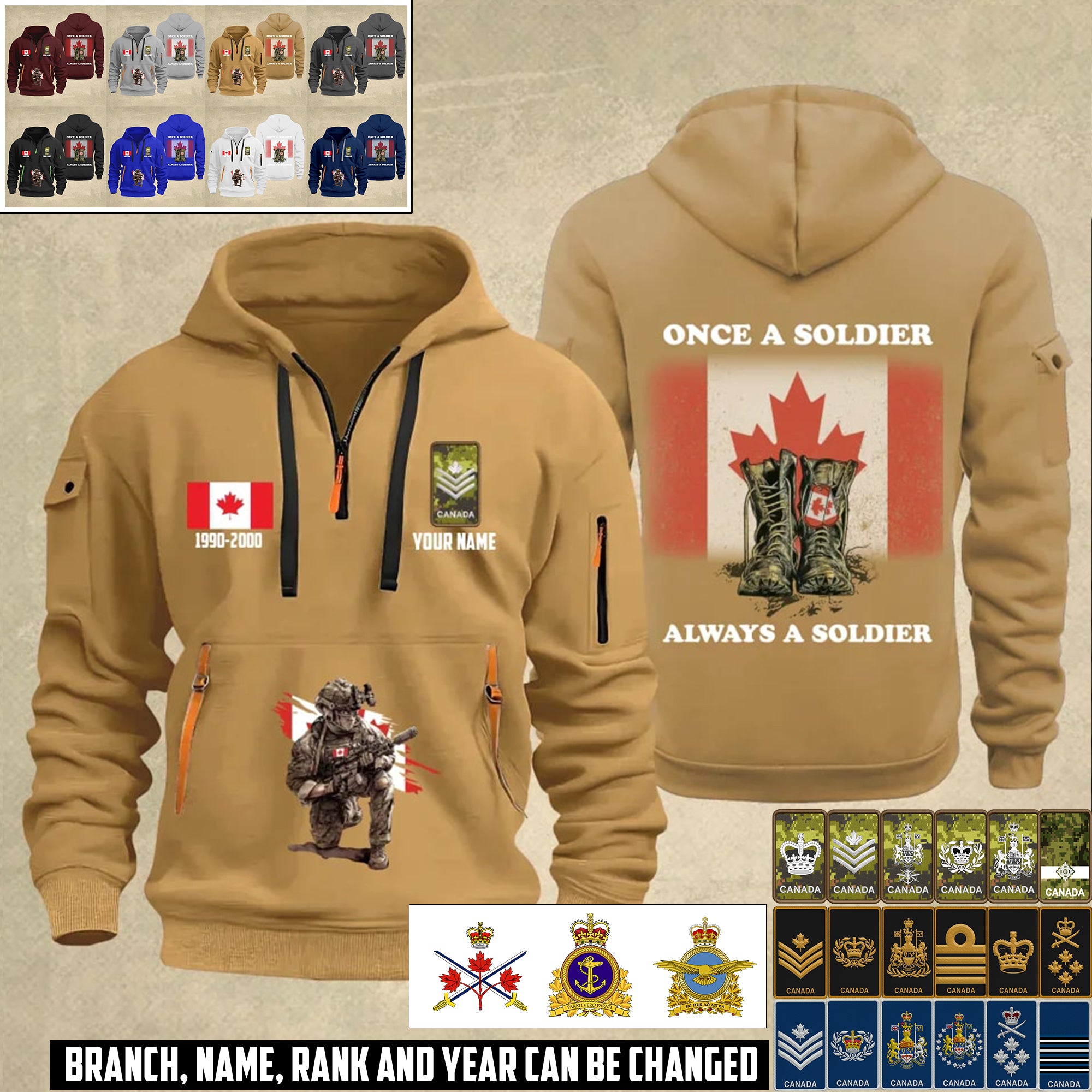 Personalized Canada Soldier/ Veteran With Name, Year And Rank Zip Hood ...