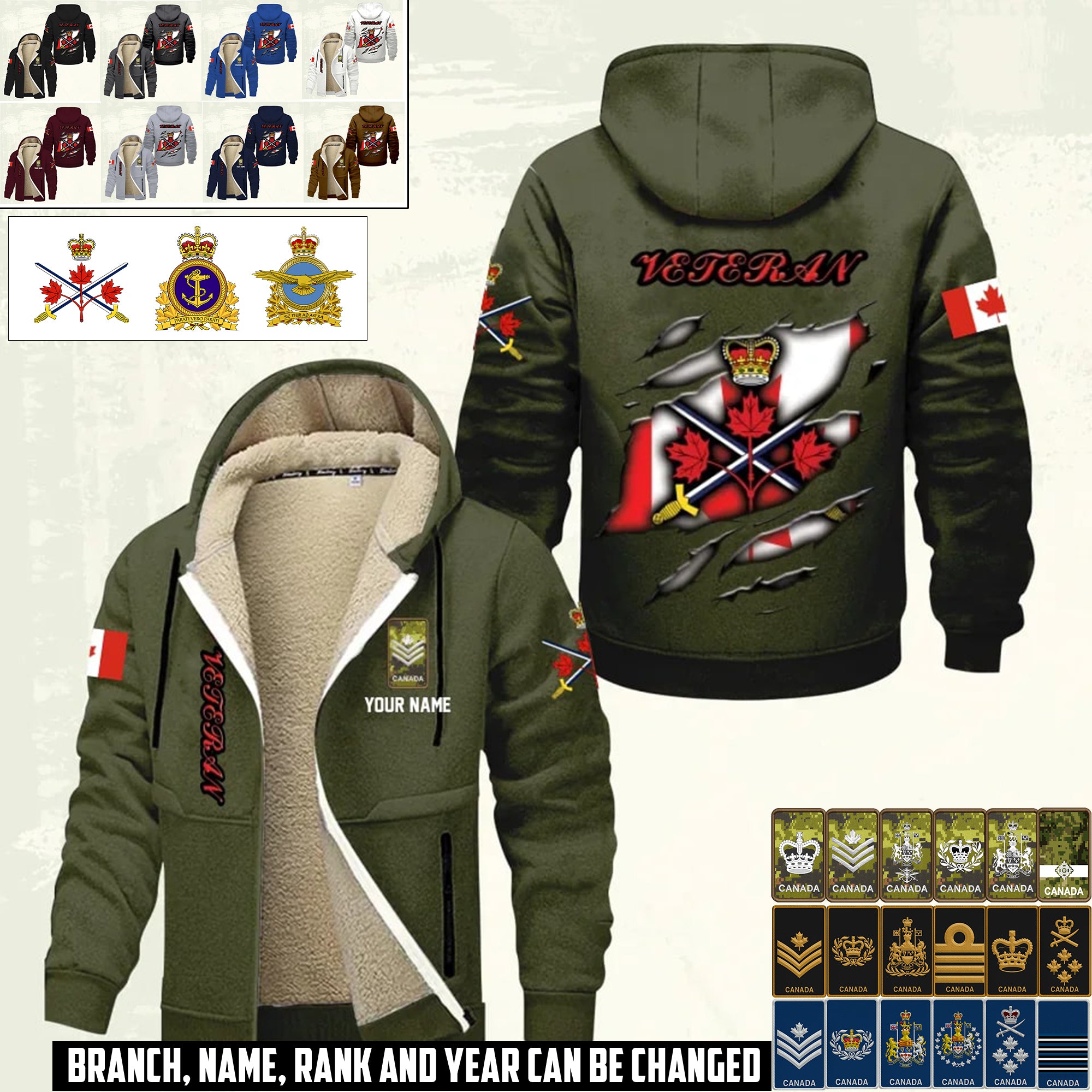 Personalized Canada Soldier/ Veteran With Name And Rank Hoodie Zip Vel ...