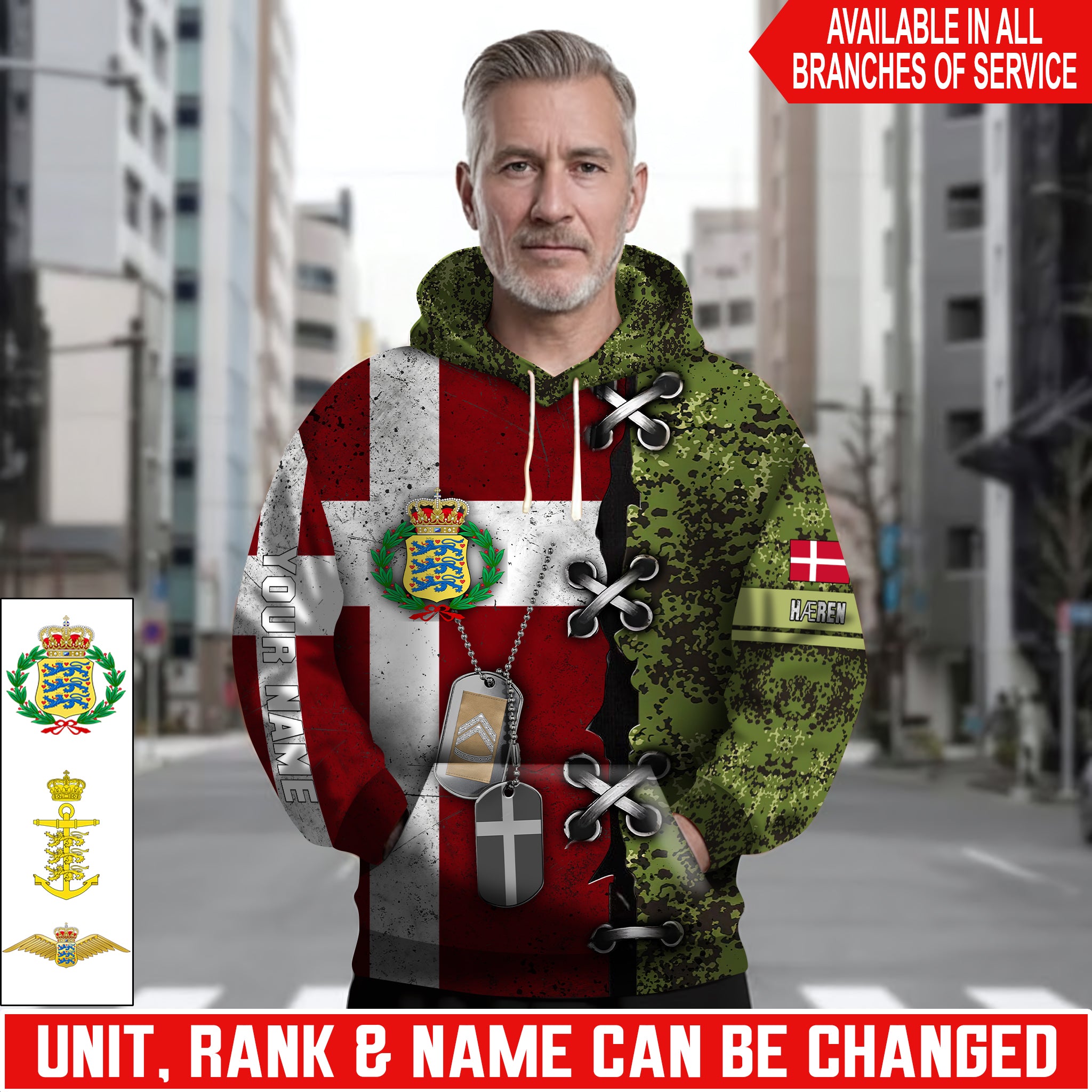 Personalized Denmark Soldier/Veteran Camo with Name and Rank Hoodie Al ...